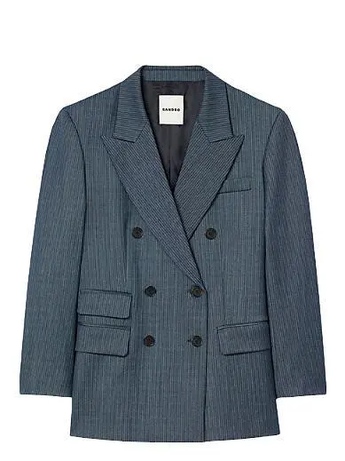Sandro Striped Peak-lapel Double-breasted Stretch-woven Blazer - Blue