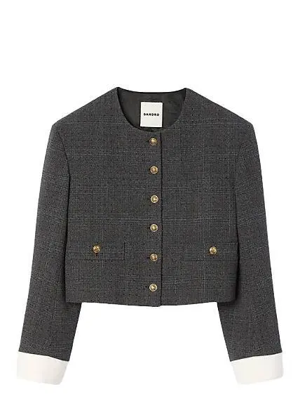 Sandro Button-down Stretch-woven Jacket With Rhinestone Embellishments - Grey / Brown