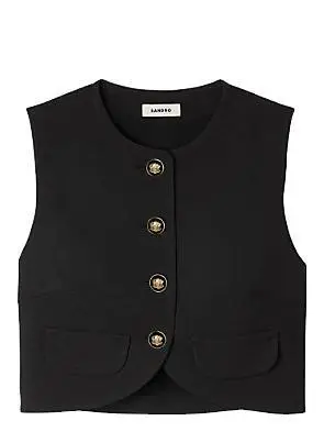 Sandro Round-neck Button-down Sleeveless Crop Top - Black