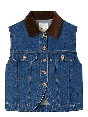 Sandro Contrast-collar Sleeveless Denim Jacket - Blue Jean