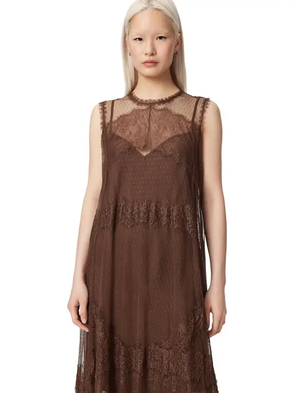 ALLSAINTS Clara Sheer Lace Panel Midi Dress - Brown