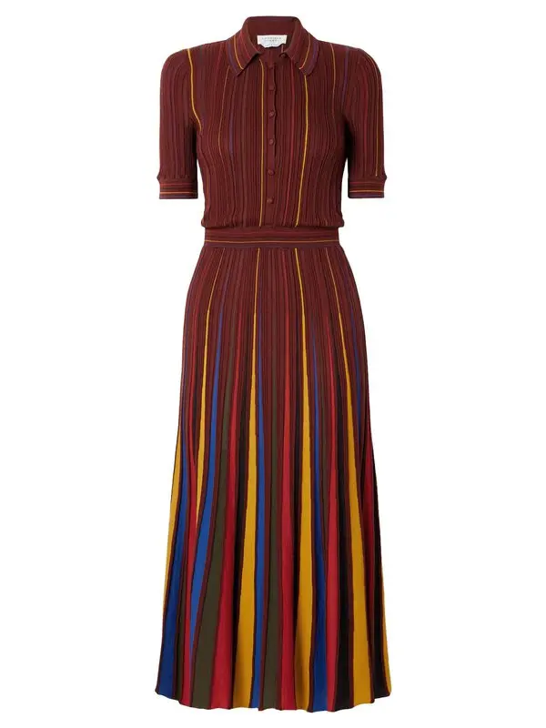 Gabriela Hearst Calypso Ribbed Striped Merino Wool Midi Dress - Burgundy