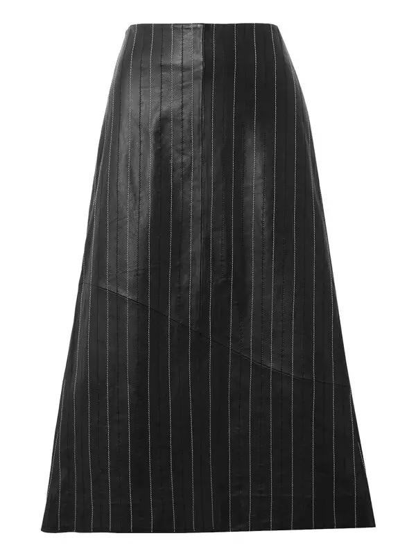 Victoria Beckham Paneled Embroidered Pinstriped Leather Midi Skirt - Black
