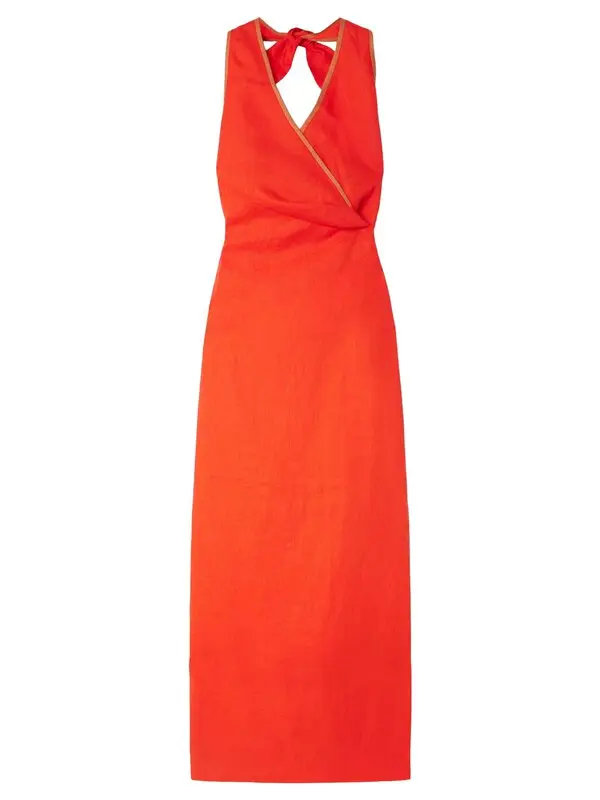 Sir The Label Panettone Wrap-effect Linen Halterneck Midi Dress - Orange