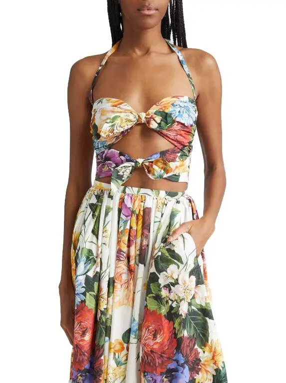 Dolce & Gabbana Floral Bow Cutout Halter Top - Ha5pc B.fiori Cret. F.bco