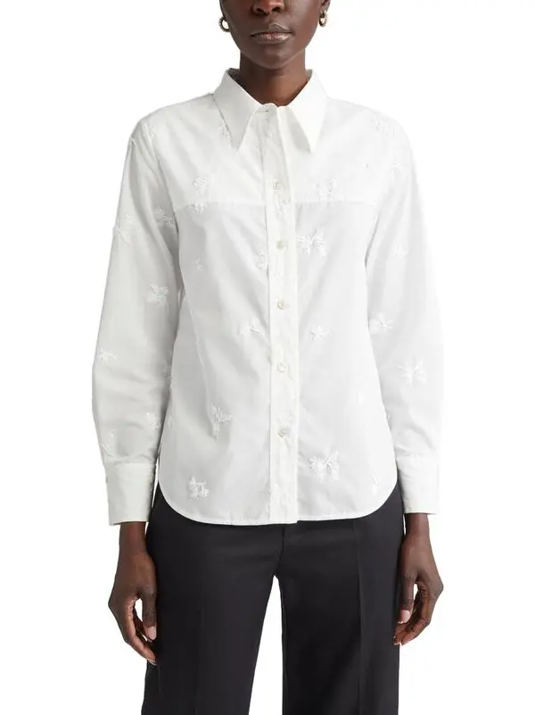 St. John Sequin Floral Embroidered Button-up Shirt - Ivory