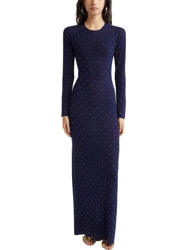 Rabanne Studded Long Sleeve Wool Knit Dress - Blue