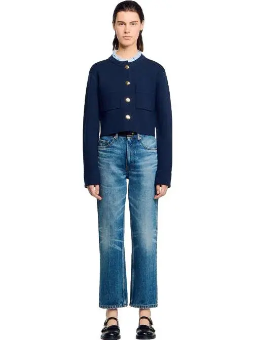 Sandro Fine Knit Cardigan With Detachable Ruffle Collar - Navy Blue