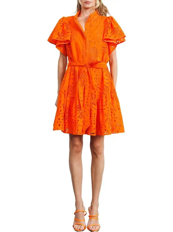 CIEBON Eyelet Tie-waist Dress - Orange