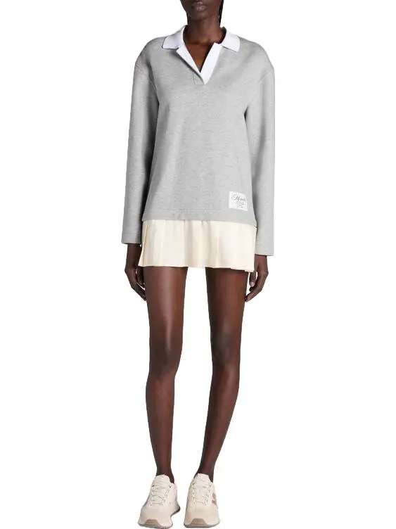 Moncler Long-sleeve Mixed Media Polo Dress - Light Gray Melange