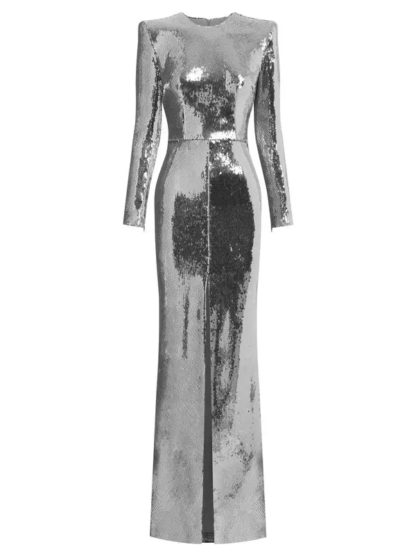 Alex Perry Sequined Long Sleeve Midi Dress - Silver
