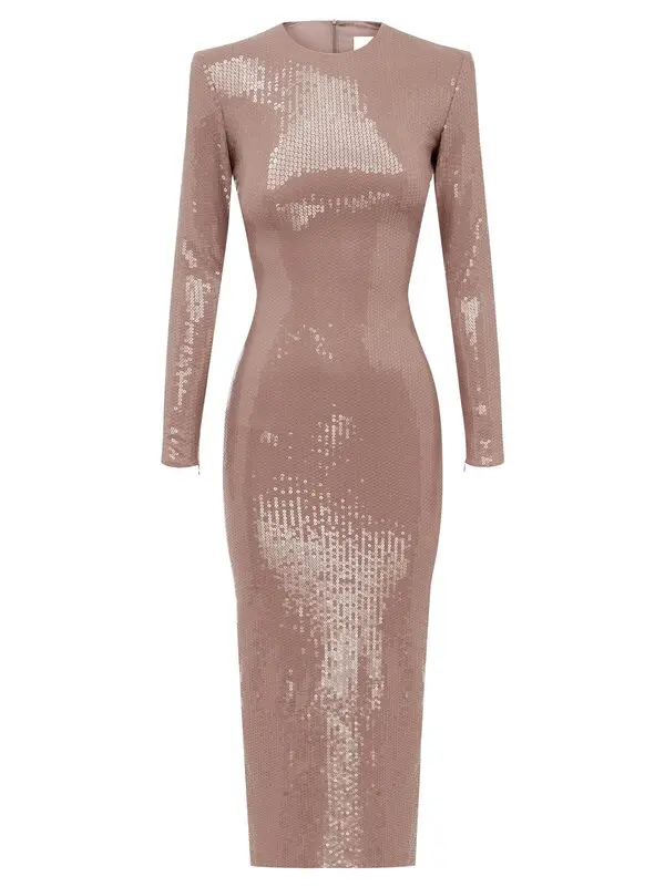 Alex Perry Sequined Long Sleeve Midi Dress - Taupe