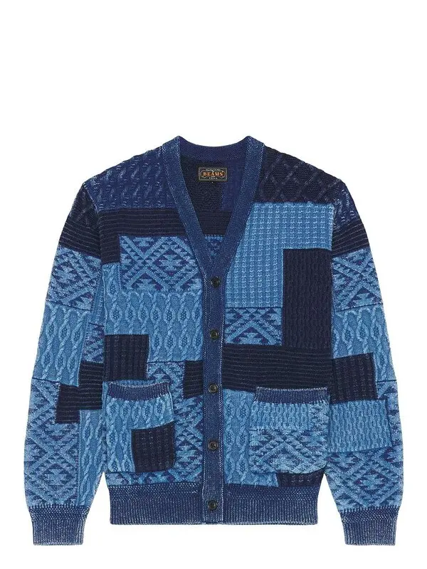 BEAMS Patchwork Jacquard Cardigan - Indigo