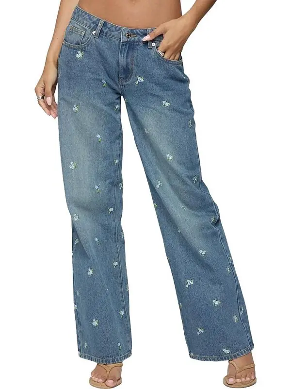 EDIKTED Edna Floral Embroidered Low Rise Jeans - Blue-washed