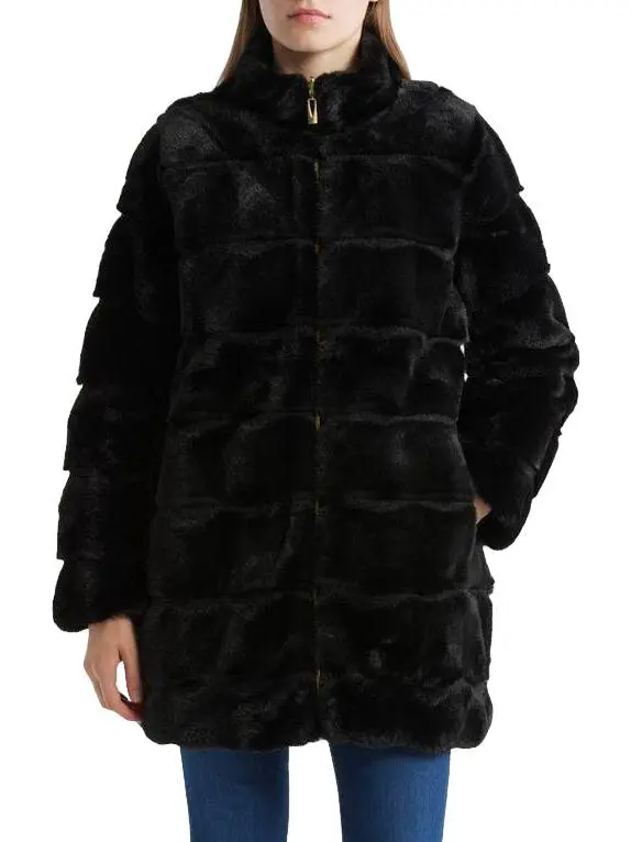 Via Spiga Wavy Reversible Faux Fur Quilted Coat - Black