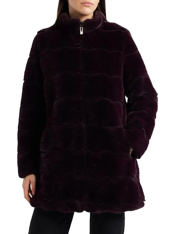 Via Spiga Wavy Reversible Faux Fur Quilted Coat - Burgundy