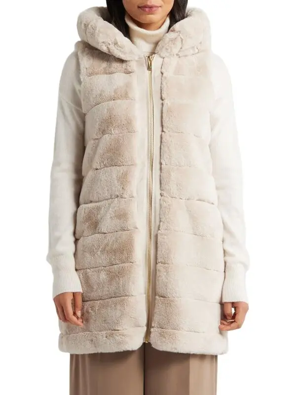Via Spiga Hooded Faux Fur Quilted Vest - Beige
