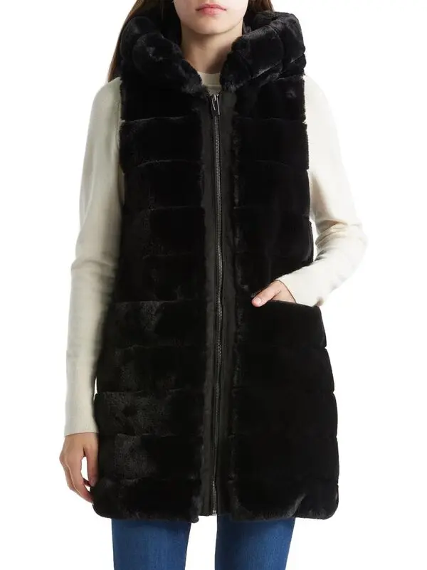 Via Spiga Hooded Faux Fur Quilted Vest - Black