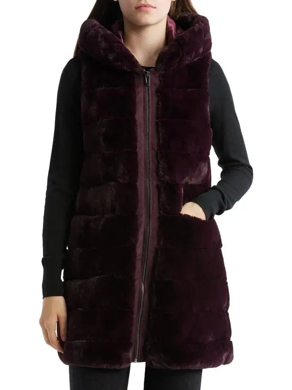 Via Spiga Hooded Faux Fur Quilted Vest - Burgundy