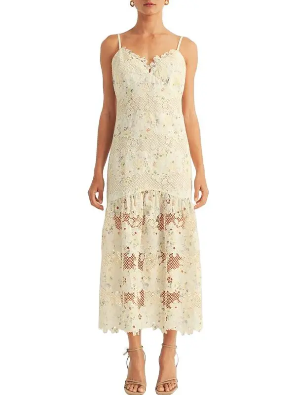 AROSE STUDIO Sabrina Floral Lace Midi Dress - Cream