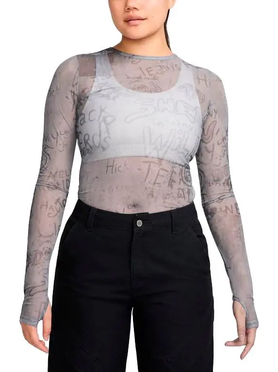 JORDAN Print Sheer Long Sleeve Top - Dark Smoke Grey
