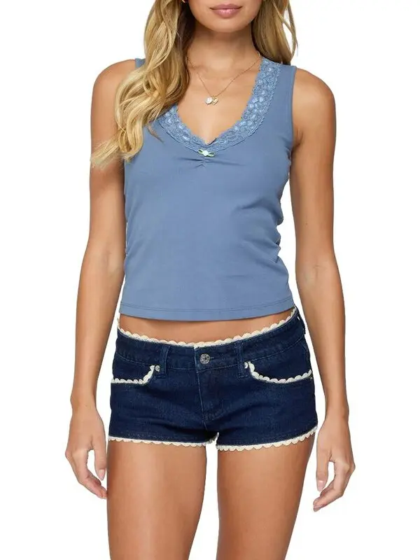EDIKTED Lace Trim Stretch Cotton Tank - Blue