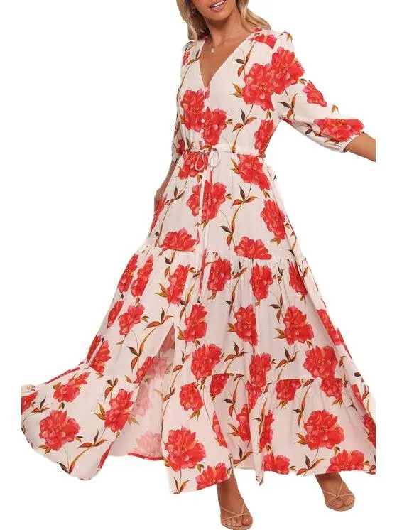 PETAL & PUP Kelda Floral Tiered Maxi Dress - Red Floral