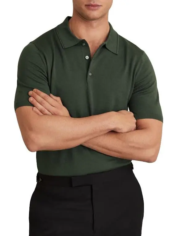 REISS Manor Merino Wool Polo - Kale Green