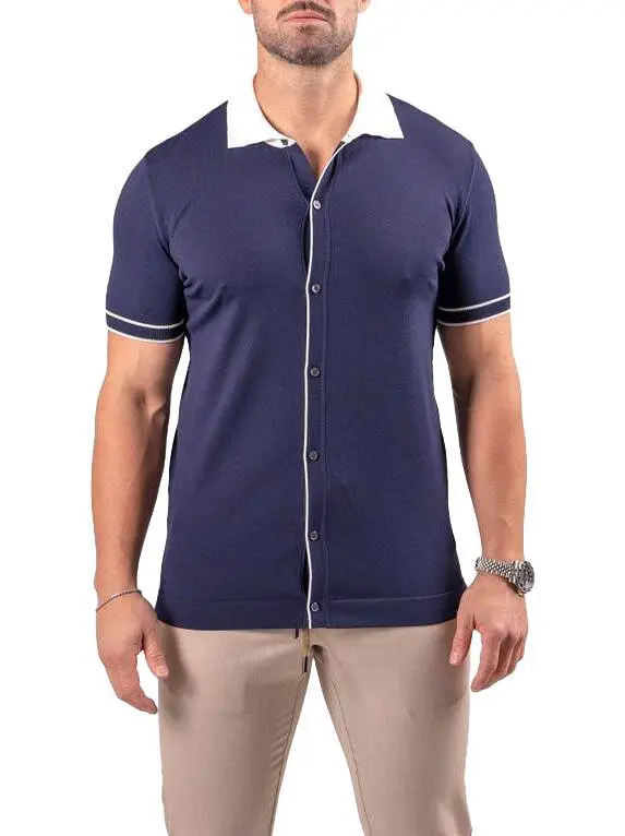 MACEOO Tipped Knit Short Sleeve Button-up Shirt - Blue