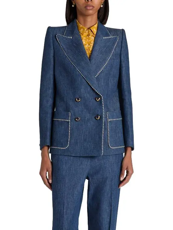 Valentino Garavani Piped Double-breasted Denim Blazer - Navy
