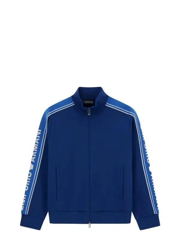 Emporio Armani Double-jersey Full-zip Sweatshirt With Logo Stripe - Blue