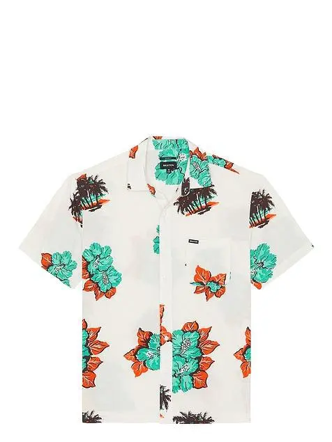 Brixton Cru Print Relaxed Short Sleeve Shirt In White - Off White & Aquatic Green Floral
