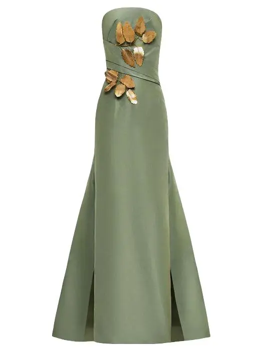 Oscar De La Renta Leaf Embroidered Faille Gown - Gold