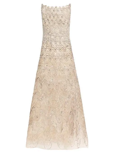Oscar De La Renta Crystal Wave Embroidered Cocktail Dress - Red