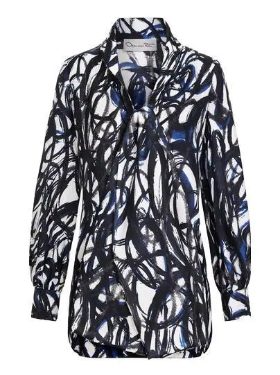 Oscar De La Renta Abstract Sketch Silk Twill Blouse - Natural