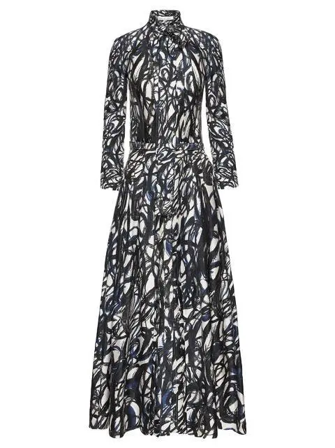 Oscar De La Renta Abstract Sketch Silk Twill Dress - Natural