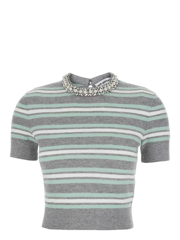 SELF-PORTRAIT Cropped Striped Wool-blend Top With Crystal Embellishments - Grey