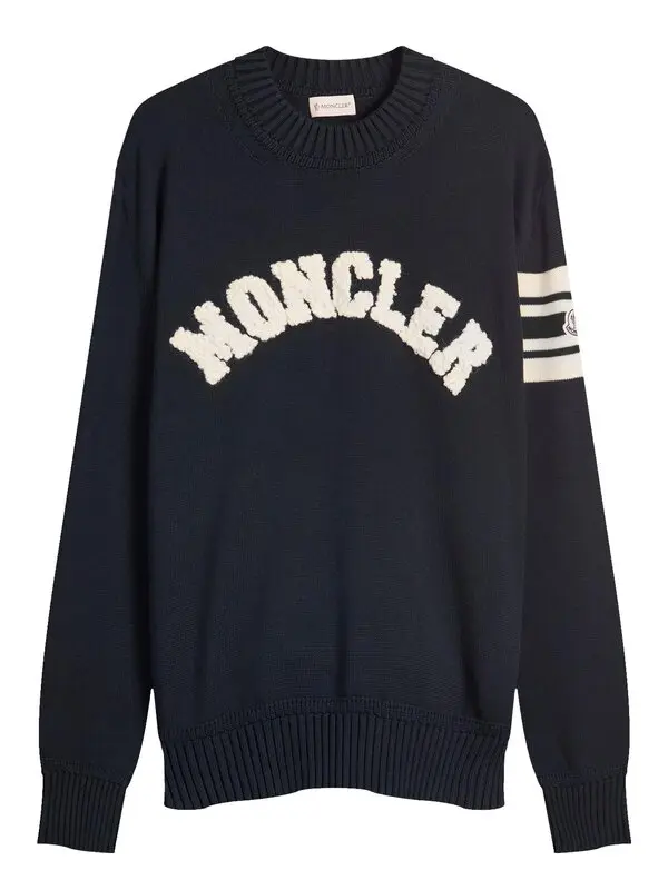 Moncler Logo Crew Neck Cotton Knitwear - Navy