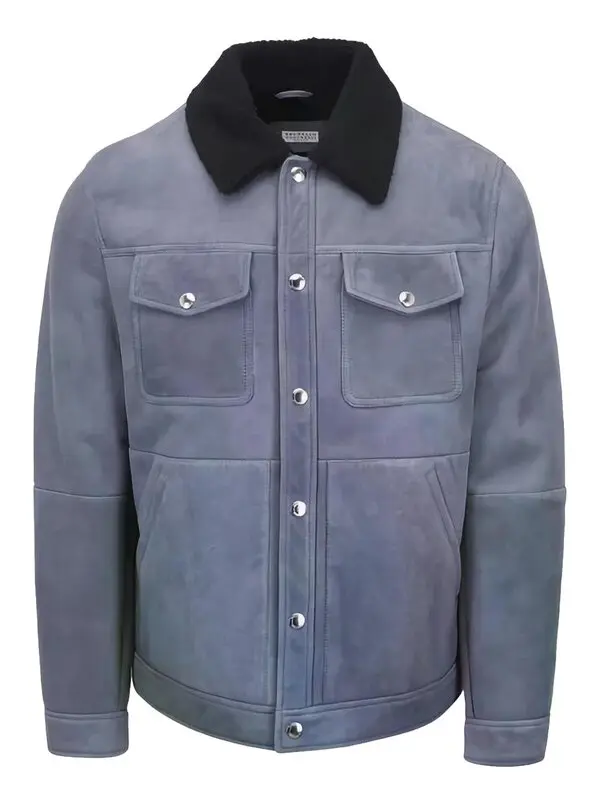 Brunello Cucinelli Shearling-collar Leather Jacket - Blue