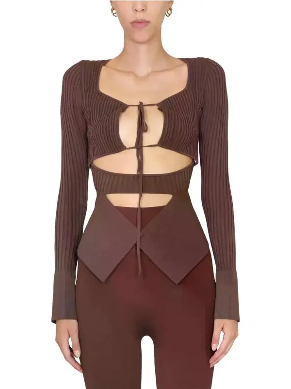 ANDREĀDAMO Tie-front Ribbed Top - Brown