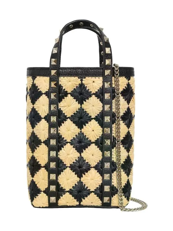 Valentino Garavani Mini Tote With Embroidered Synthetic Raffia And Rockstud Chain - Neutrals