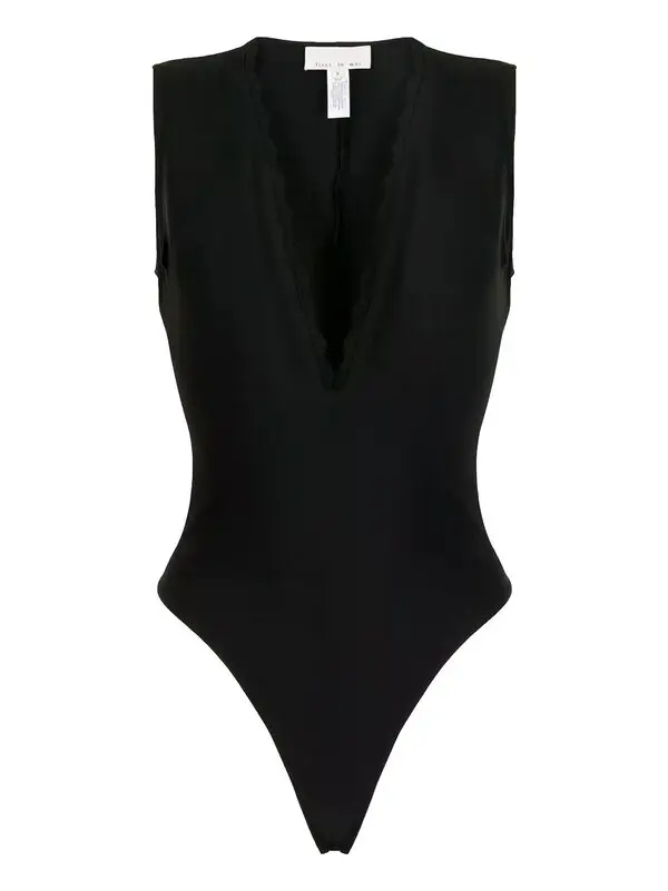 FLEUR DU MAL Margo Lace-trim Deep V-neck Bodysuit - Black