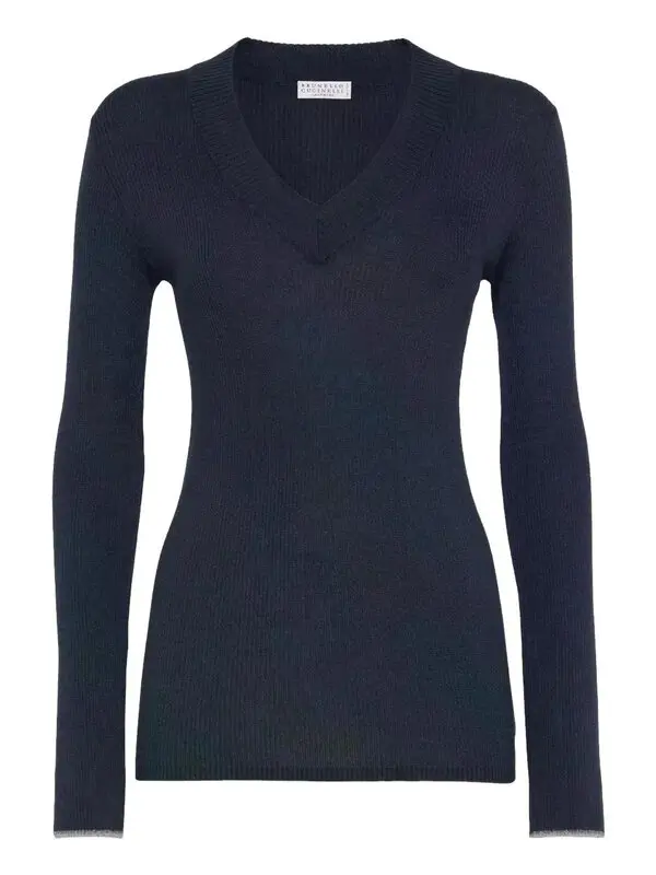 Brunello Cucinelli V-neck Ribbed Sweatshirt - Blue
