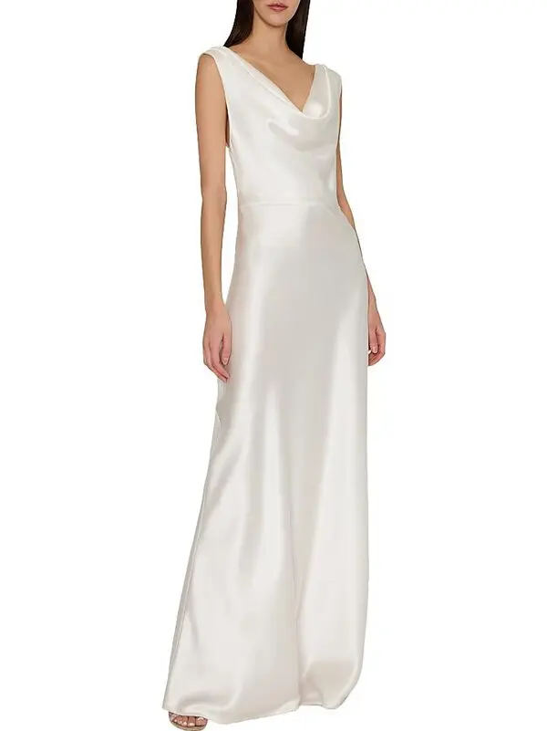MILLY Hammered Satin Cowl Neck Gown - White
