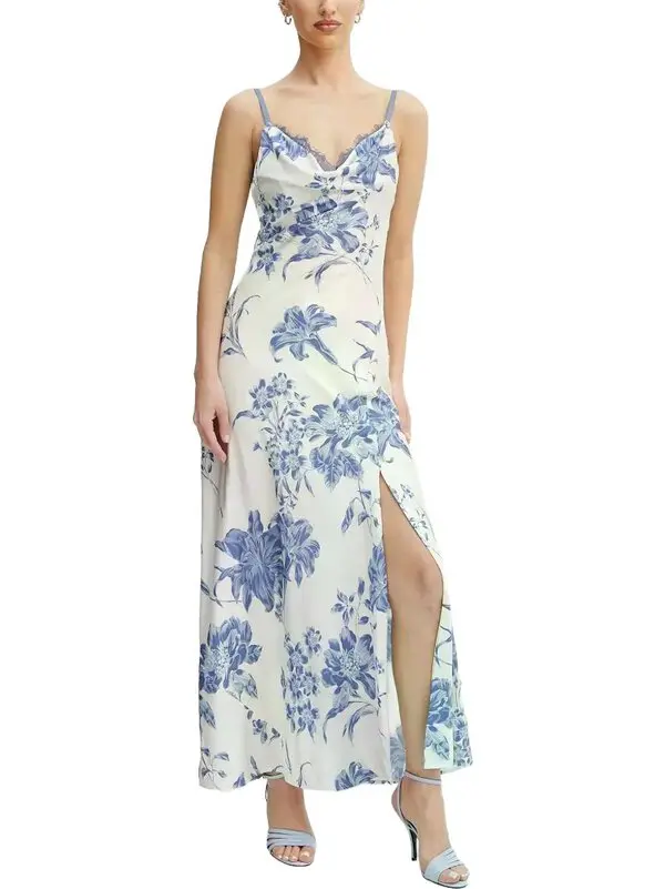 Guess Lace Trimmed Floral Print Maxi Dress - White
