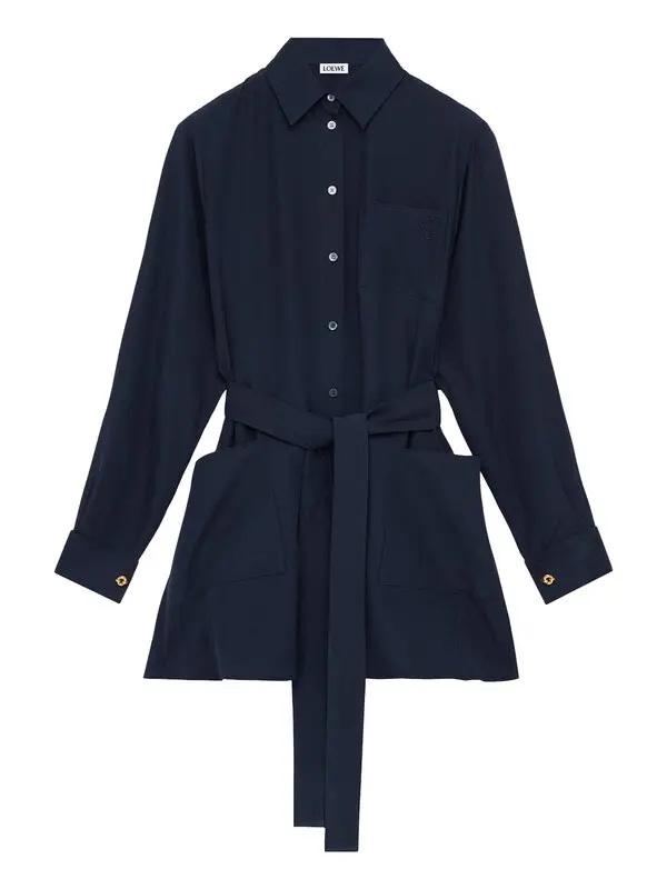 Loewe Silk Belted Longline Shirt - Navy