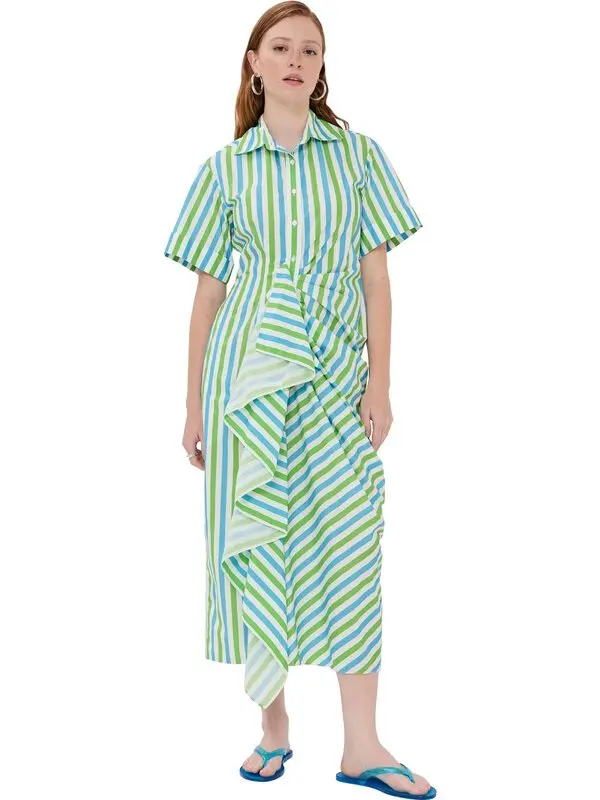 Rosie Assoulin Gathered Ruffle Shirt Dress - Blue/green Stripe