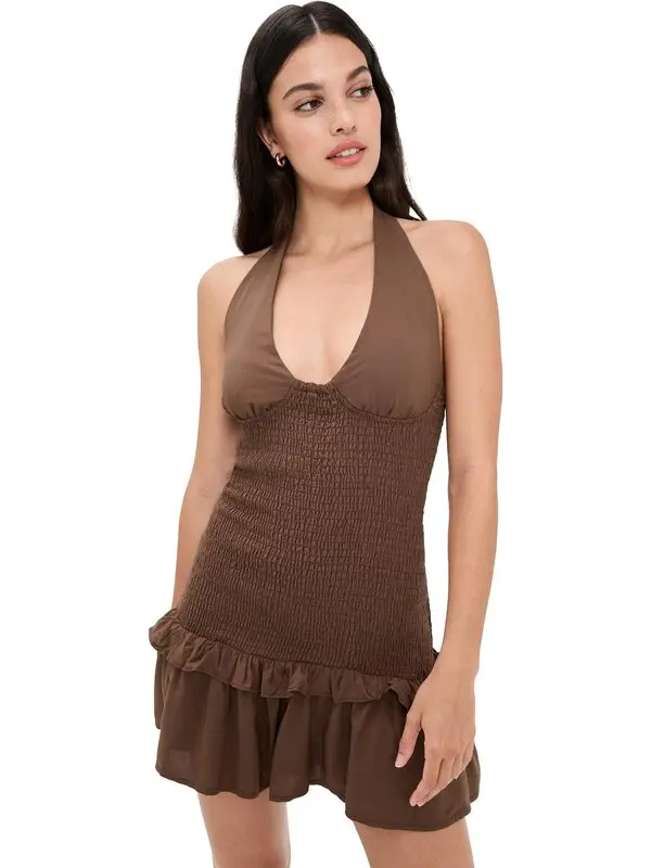 SEVEN WONDERS Shirred Halter Mini Dress - Chocolate