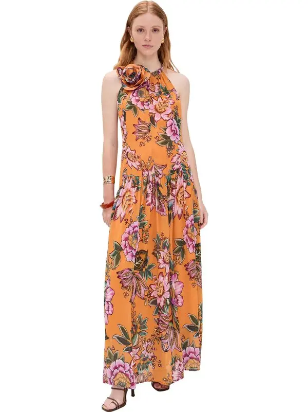 Farm Rio Floral Print Maxi Dress With Appliqué Detail - Wonderful Bouquet Orange