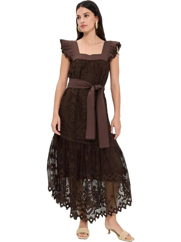 Farm Rio Pineapple Guipure Lace Midi Dress - Brown